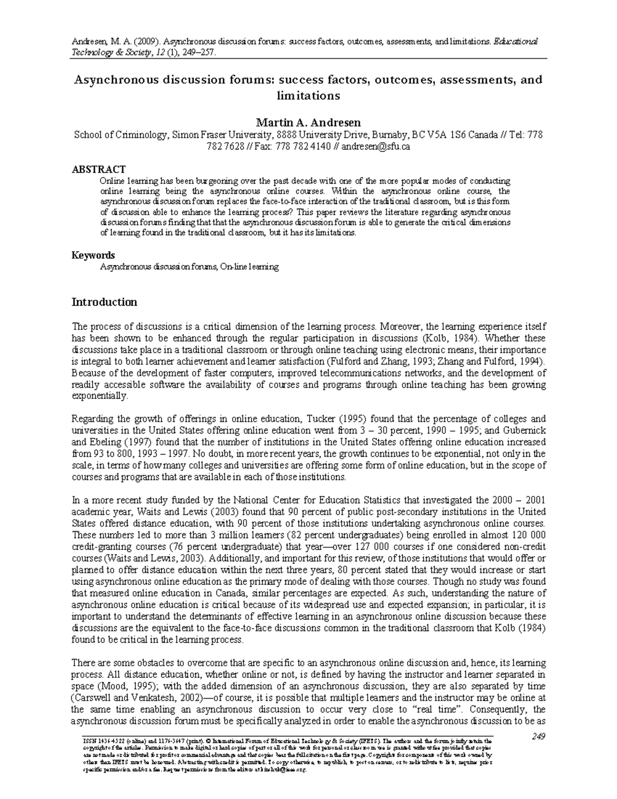 Asynchronous Discussion Forums Success Factors Out - Andresen, M. A ...