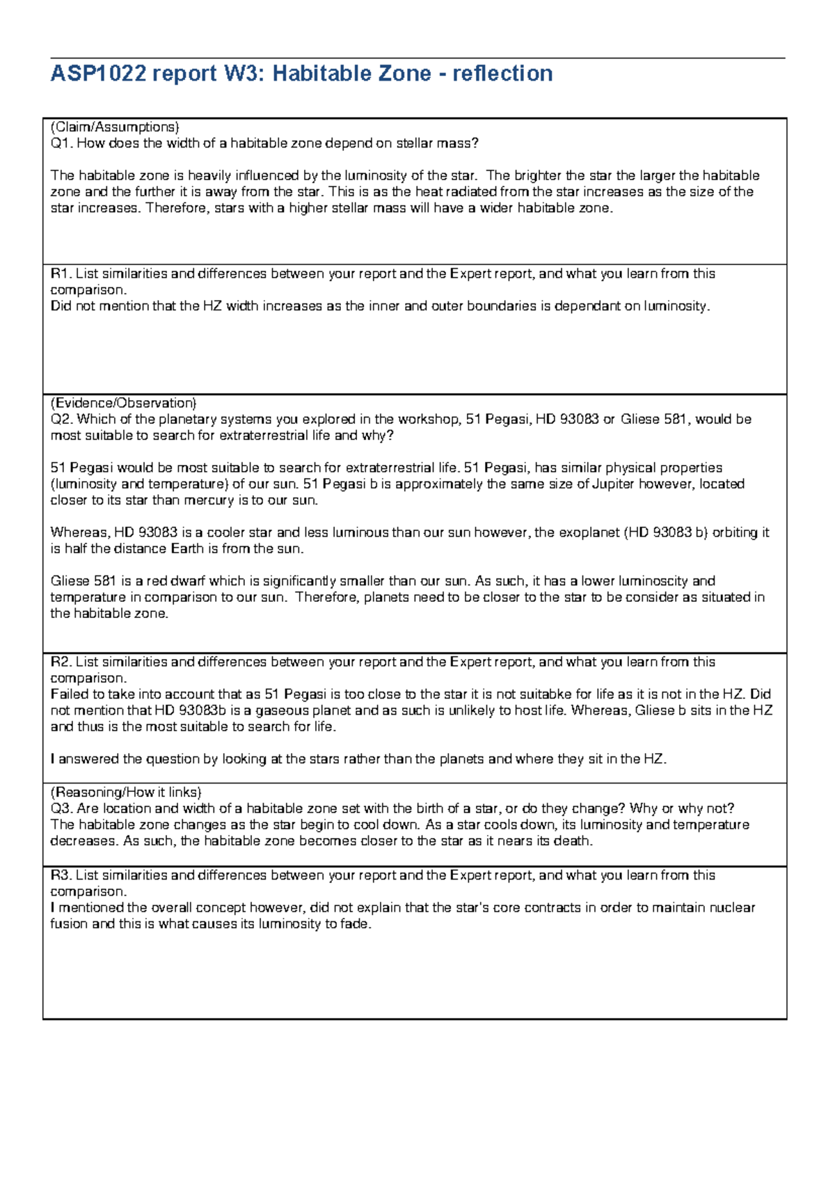 W3 report 2 reflection - ASP1022 report W3: Habitable Zone - reflection ...