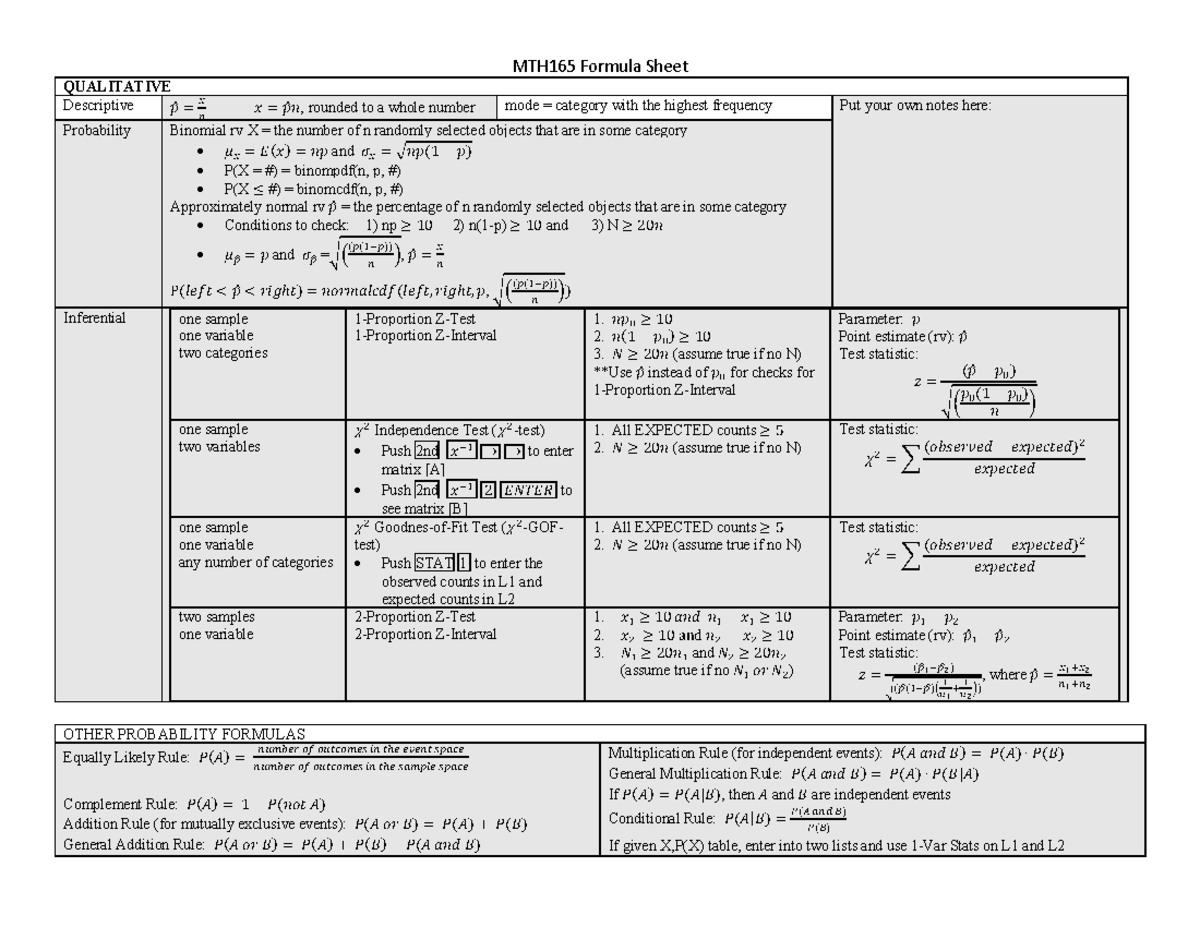 MTH165Final Cheatsheet Unit 1 - MTH165 Formula Sheet QUALITATIVE ...