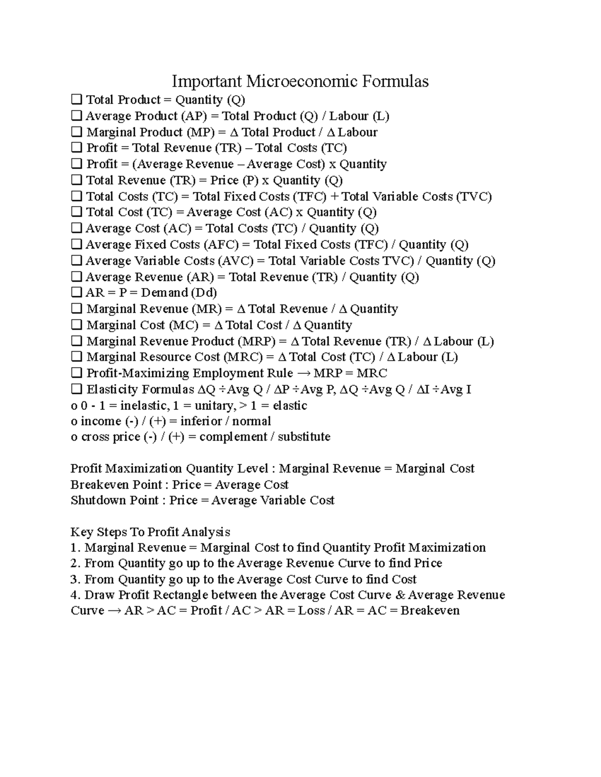 Important Microeconomic Formulas - Studocu