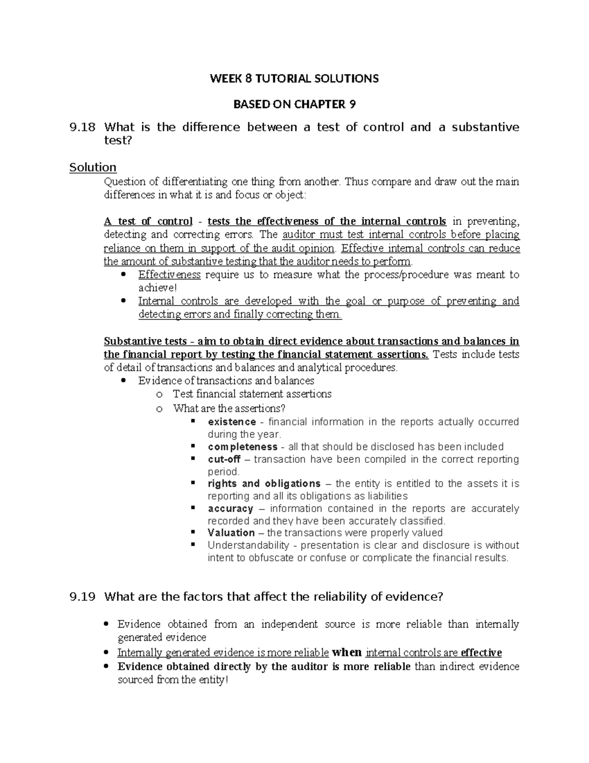 WEEK 8 Tutorial Solutions - WEEK 8 TUTORIAL SOLUTIONS BASED ON CHAPTER 9 9 What is the ...