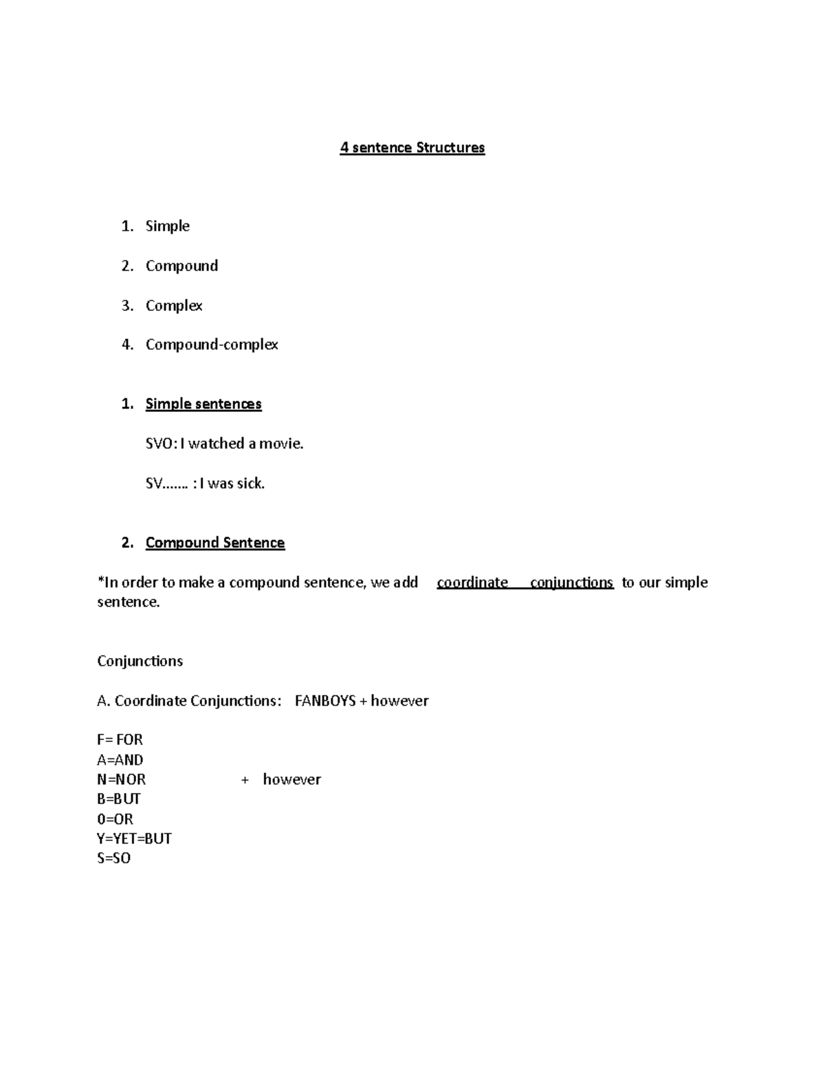 4 sentence Structures - Class Notes - 4 sentence Structures Simple ...