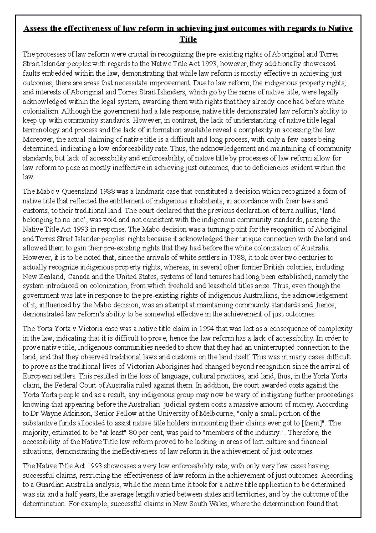 Native Title Essay- a year 11 essay on native title - Assess the ...