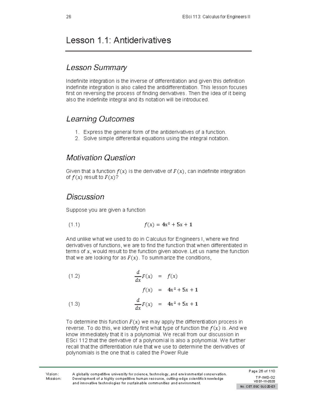 Lesson 1 - utilities - 26 ESci 113: Calculus for Engineers II Vision: A globally competitive ...