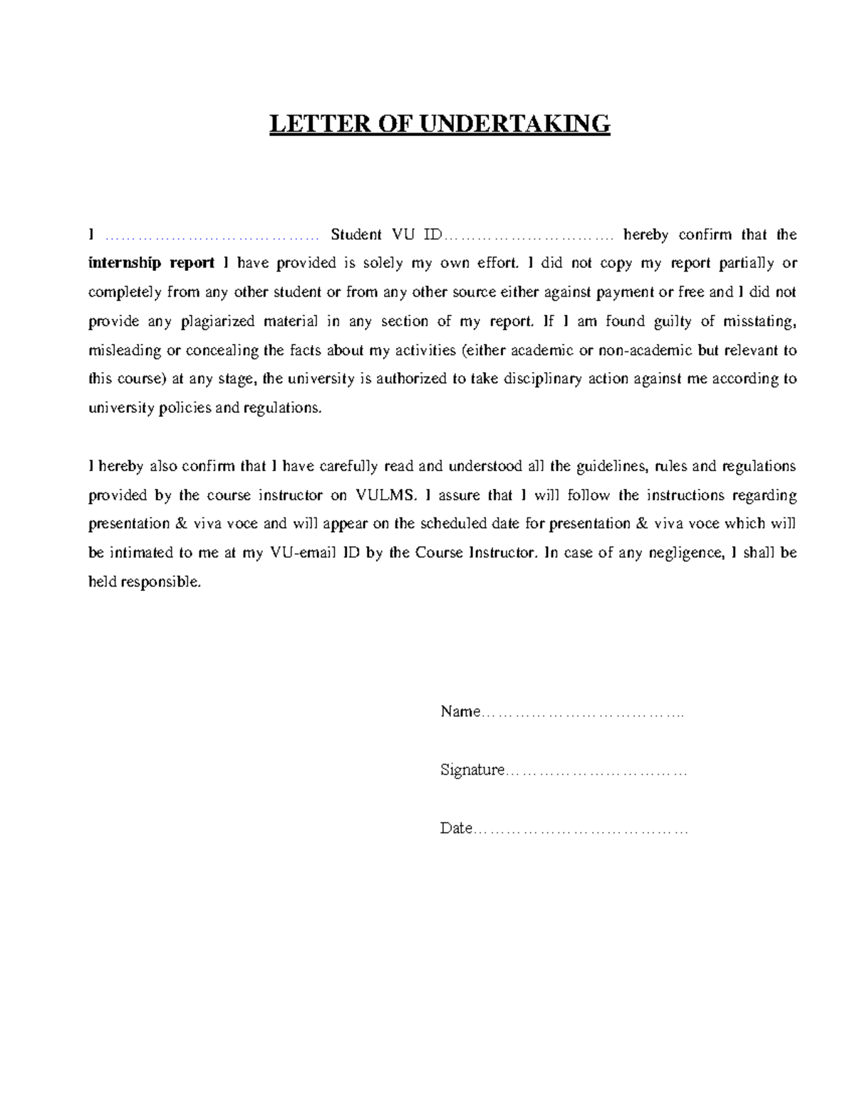 Letter of Undertaking (Spring 2021) - LETTER OF UNDERTAKING I - Studocu