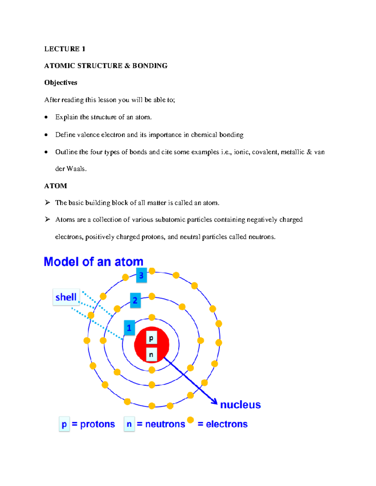 Lecture 1 - LECTURE 1 ATOMIC STRUCTURE & BONDING Objectives After ...