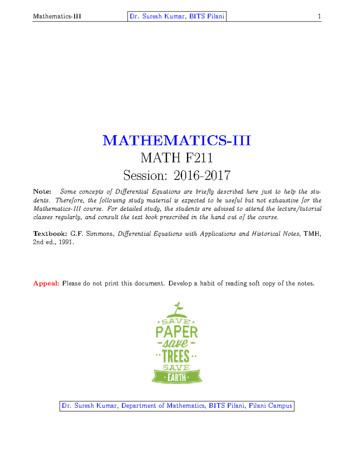 Dr Suresh Kumar's Notes - Chapter 1-9 - MATHEMATICS-III MATH F Session ...