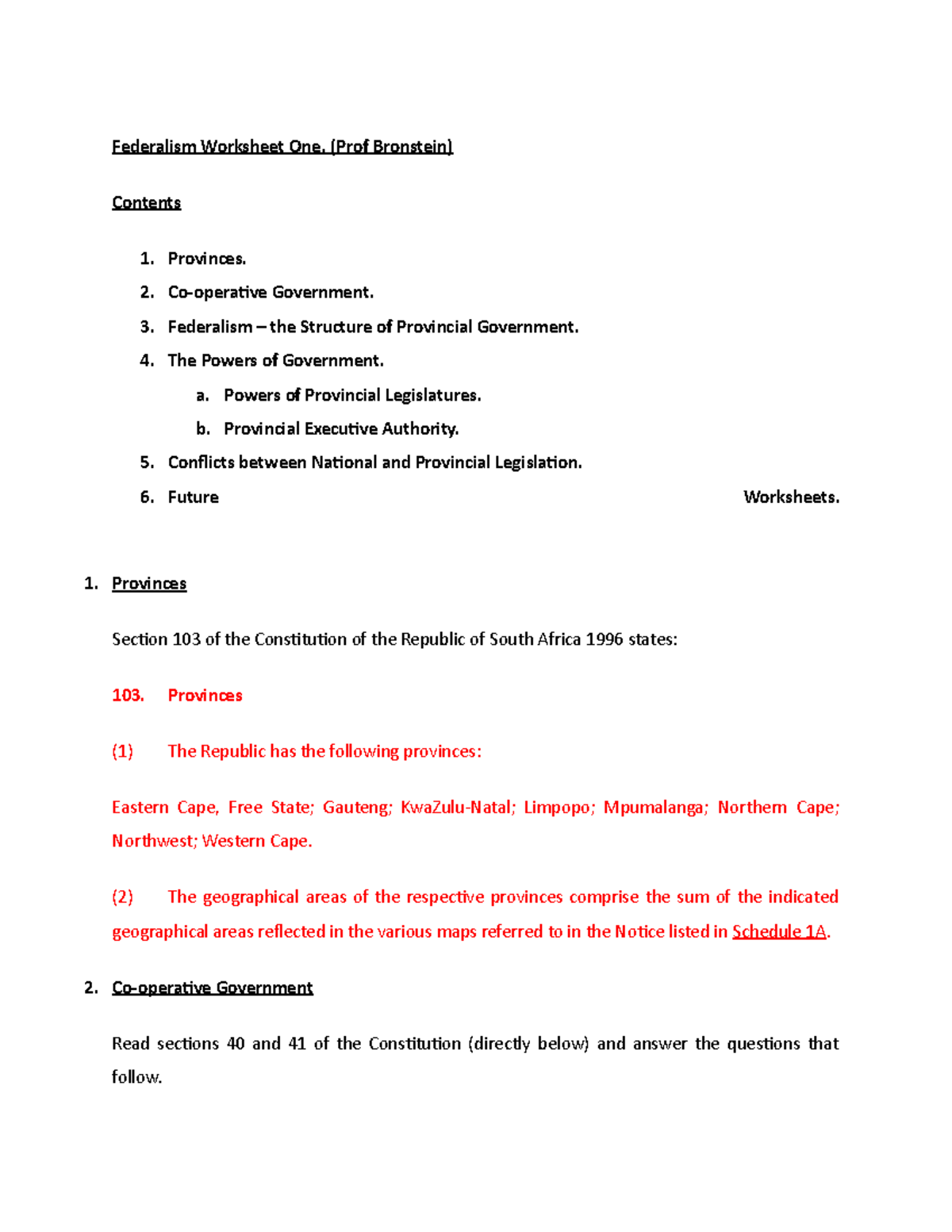 Federalism Worksheet One 2022 Bronstein - Federalism Worksheet One ...