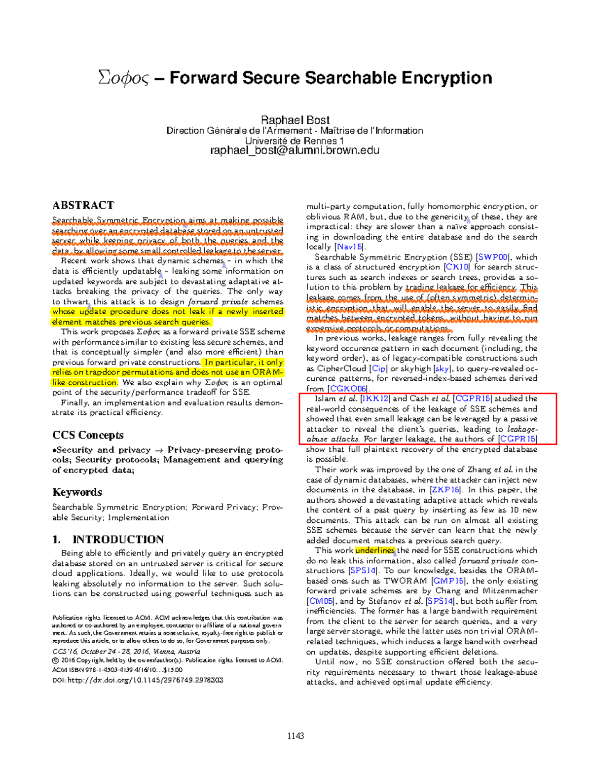 Secure SE - sEMETRIC ESSAYS - Σoφoς – Forward Secure Searchable Encryption Raphael Bost ...