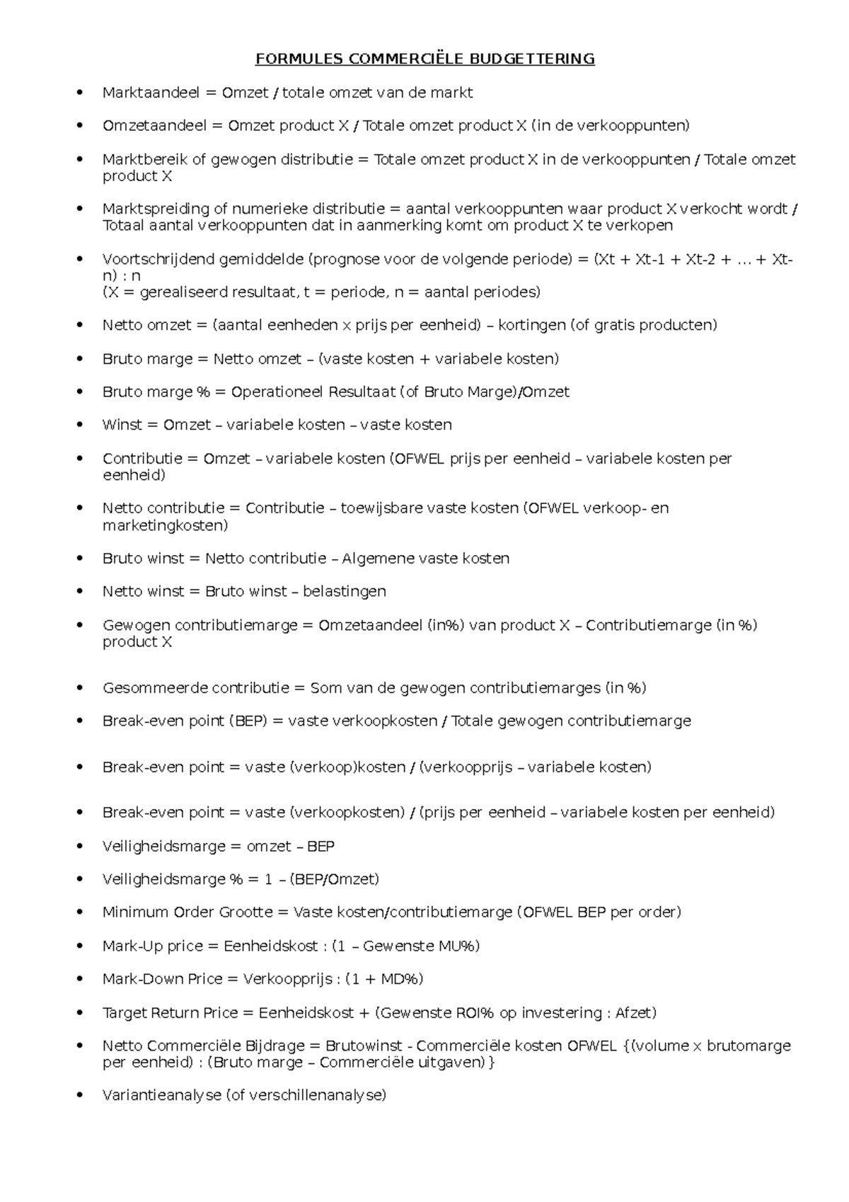 Formules CommerciëLE Budgettering - FORMULES COMMERCIËLE BUDGETTERING ...