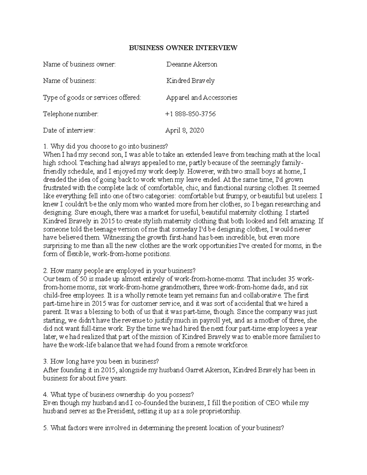 Business Owner Interview - BUSINESS OWNER INTERVIEW Name of business ...