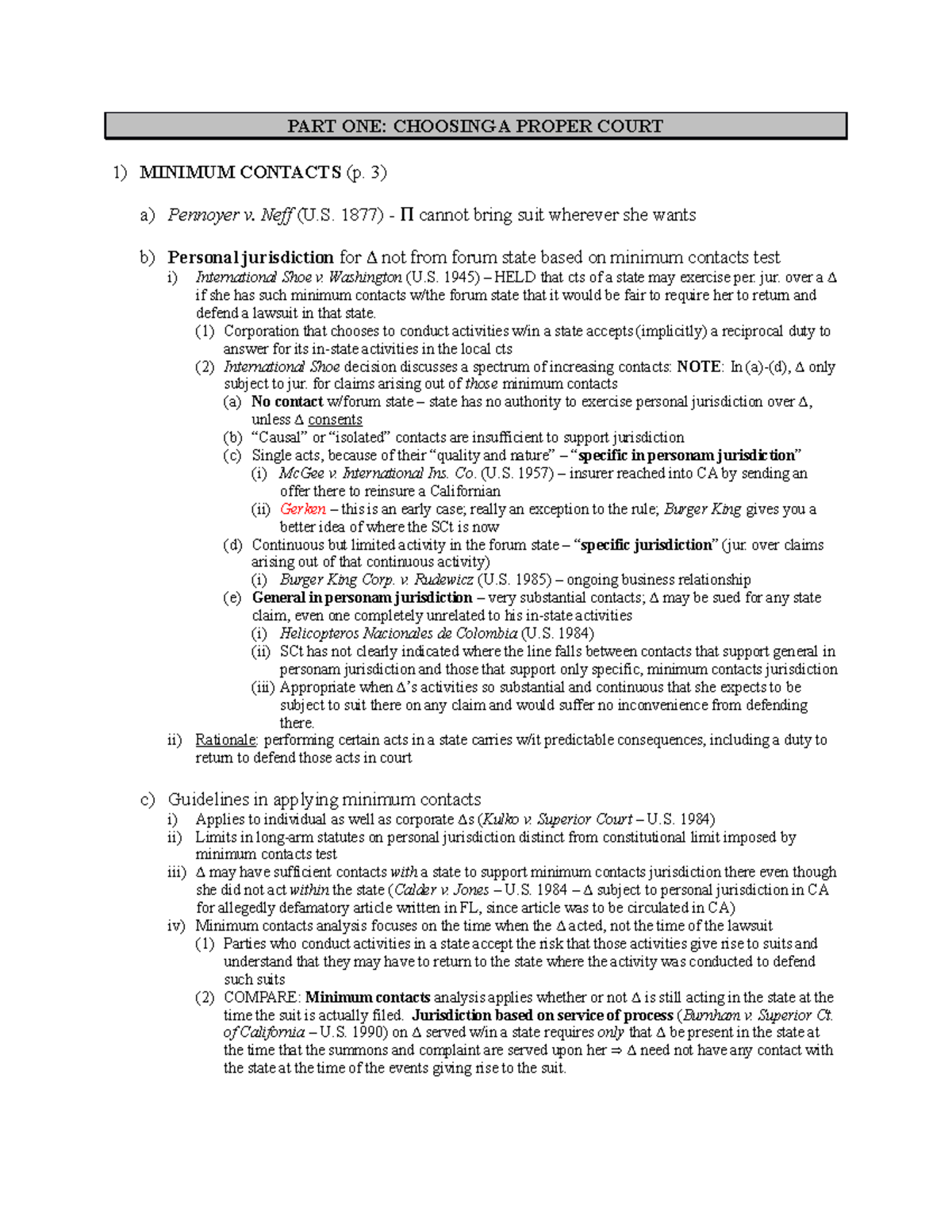 Civil Procedure Law Outline - 1 - PART ONE: CHOOSING A PROPER COURT 1 ...