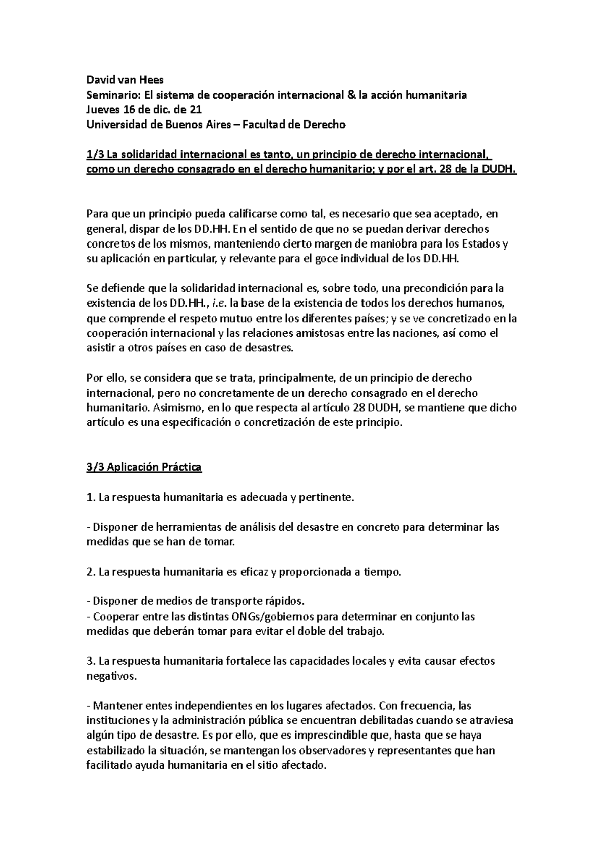 TRabajo Cooperación humanitaria Final - David van Hees Seminario: El ...