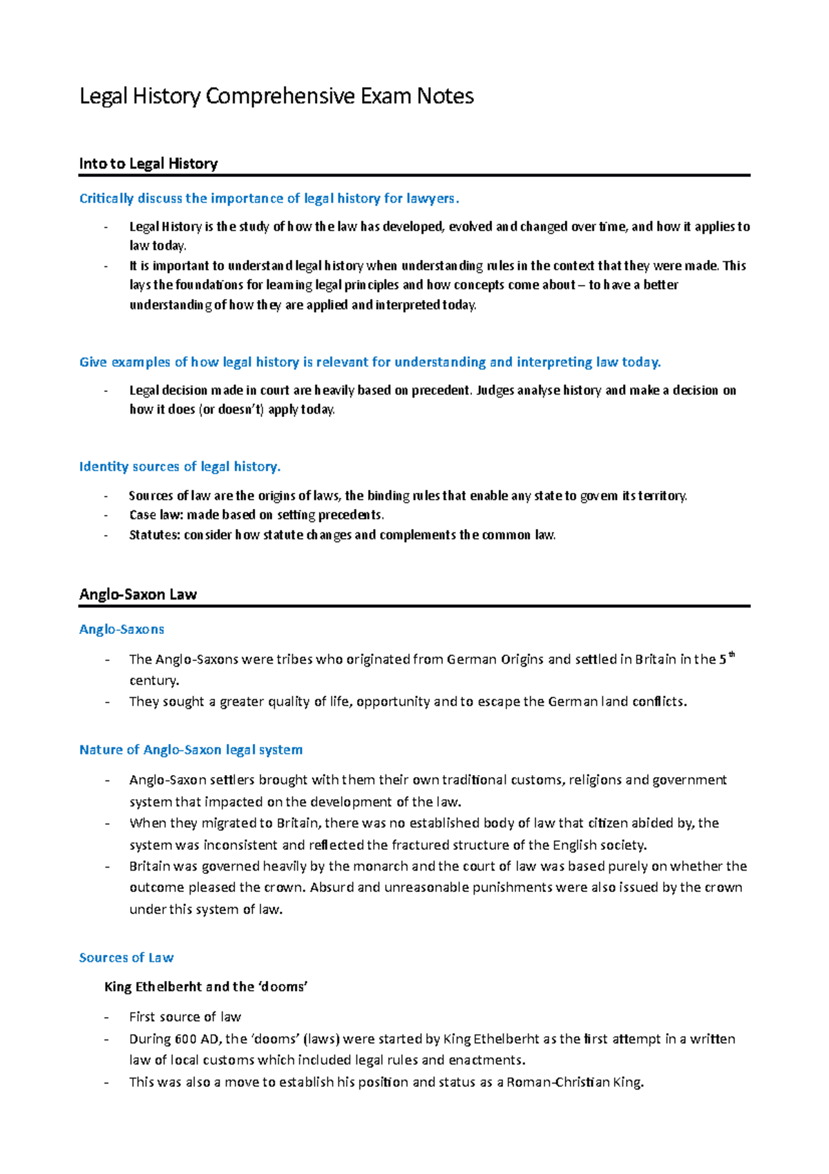 LAWS1020 Legal History Notes - Legal History Comprehensive Exam Notes ...