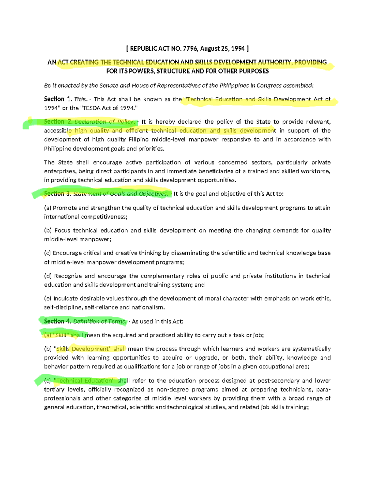Tesda Law - [ REPUBLIC ACT NO. 7796, August 25, 1994 ] AN ACT CREATING ...
