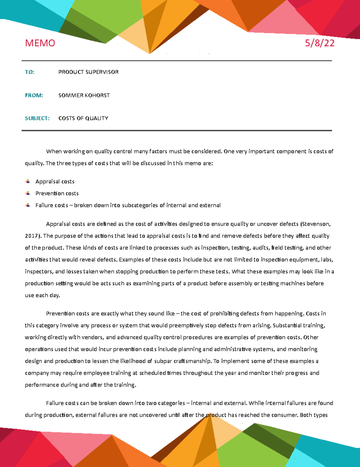 QHT1 Task 1 - QHT1 Task 1 - MEMO 5/8/ TO: PRODUCT SUPERVISOR FROM ...