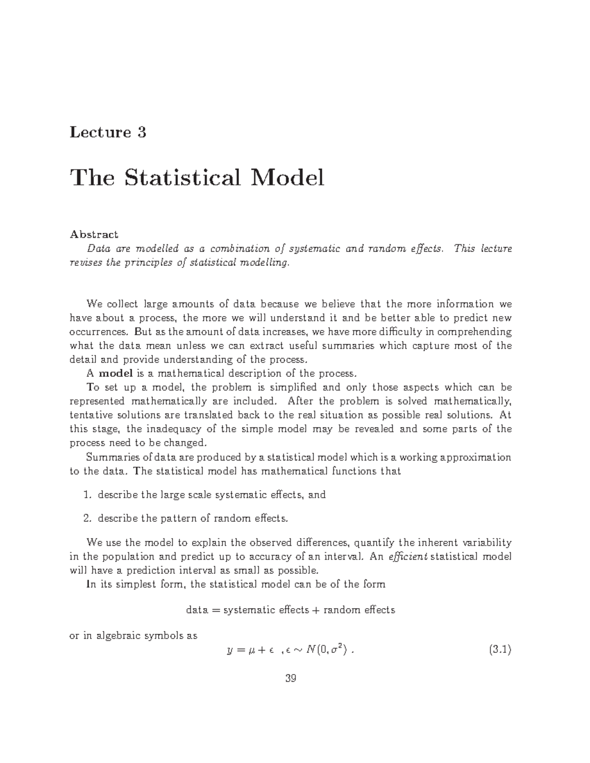 STAT 300 Lecture 3 - The Statistical Model - Lecture 3 The Statistical ...