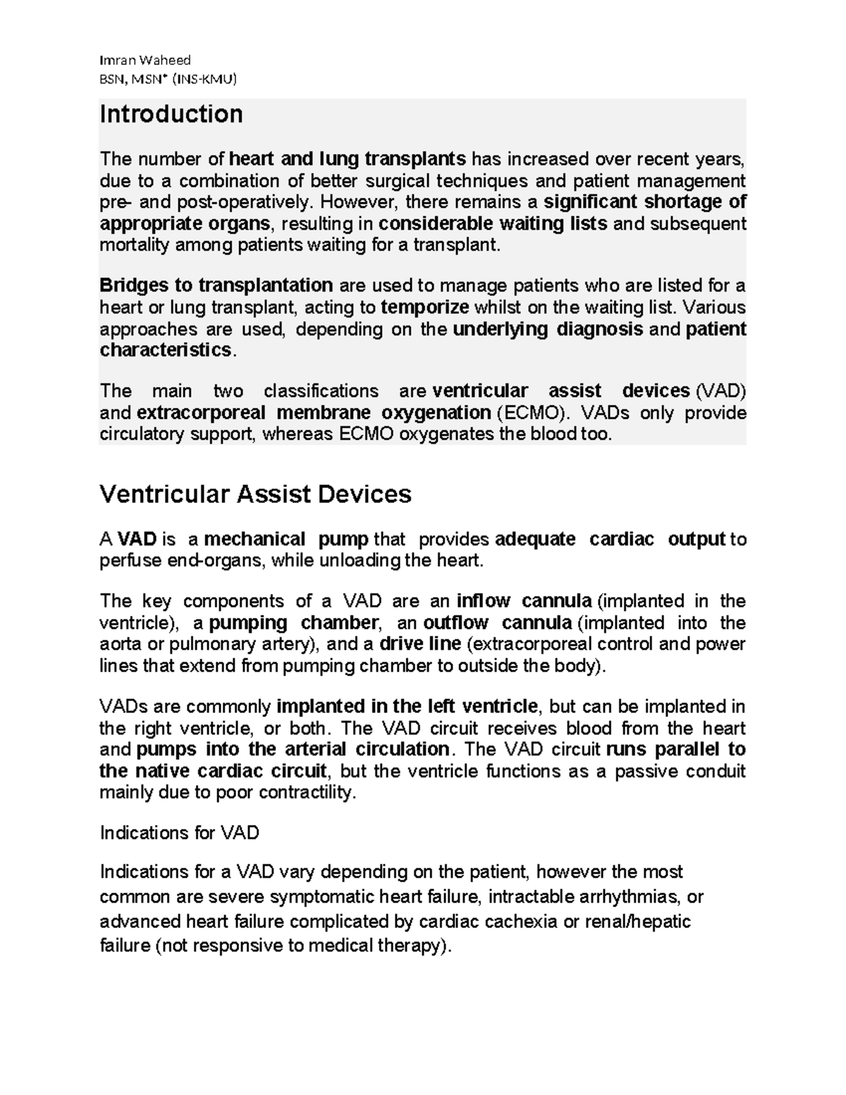 2.1-Ventricular Assist Devices - BSN, MSN* (INS-KMU) Introduction The ...
