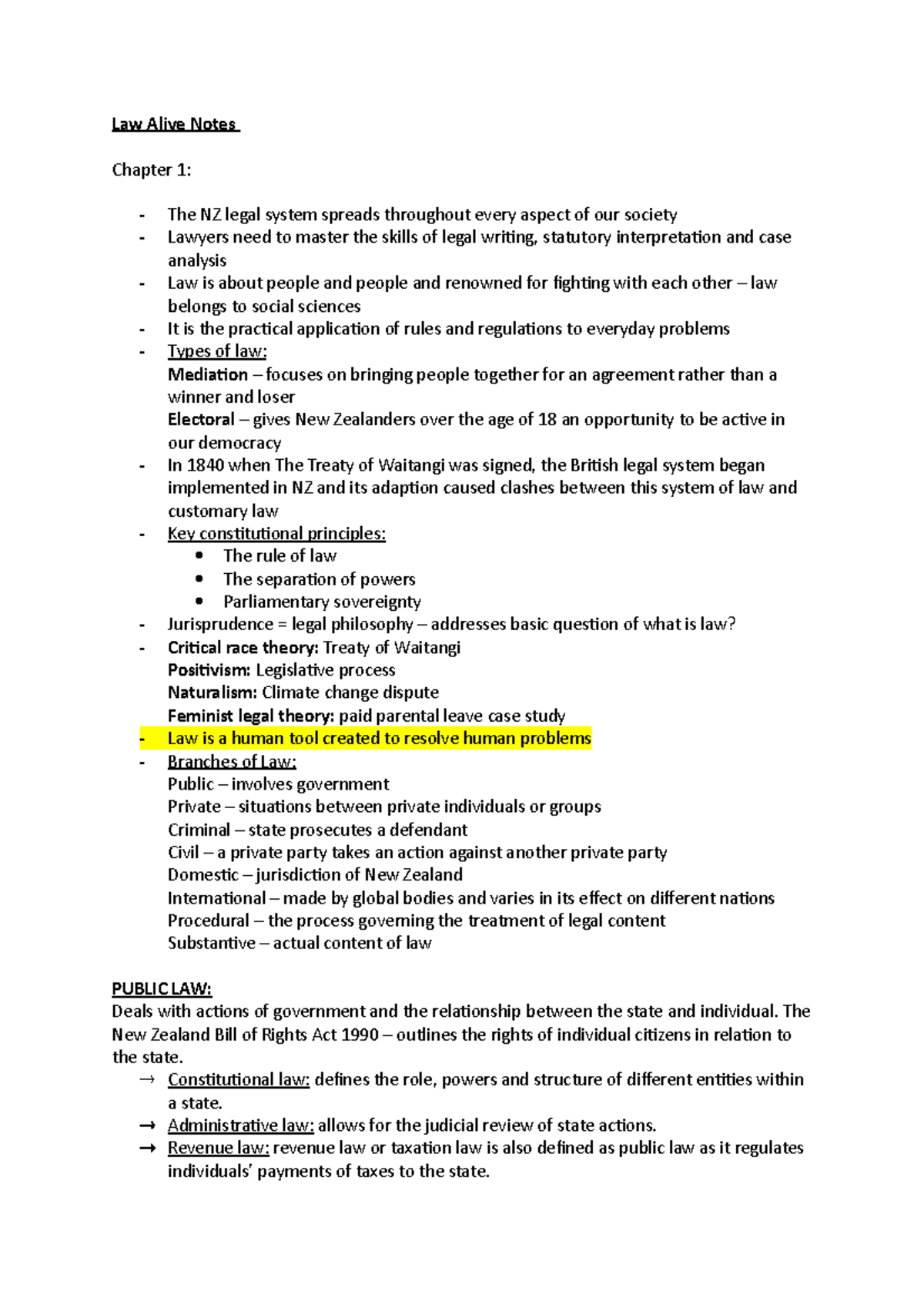 Chapter 1 - Introduction - Law Alive Notes Chapter 1: The NZ legal ...