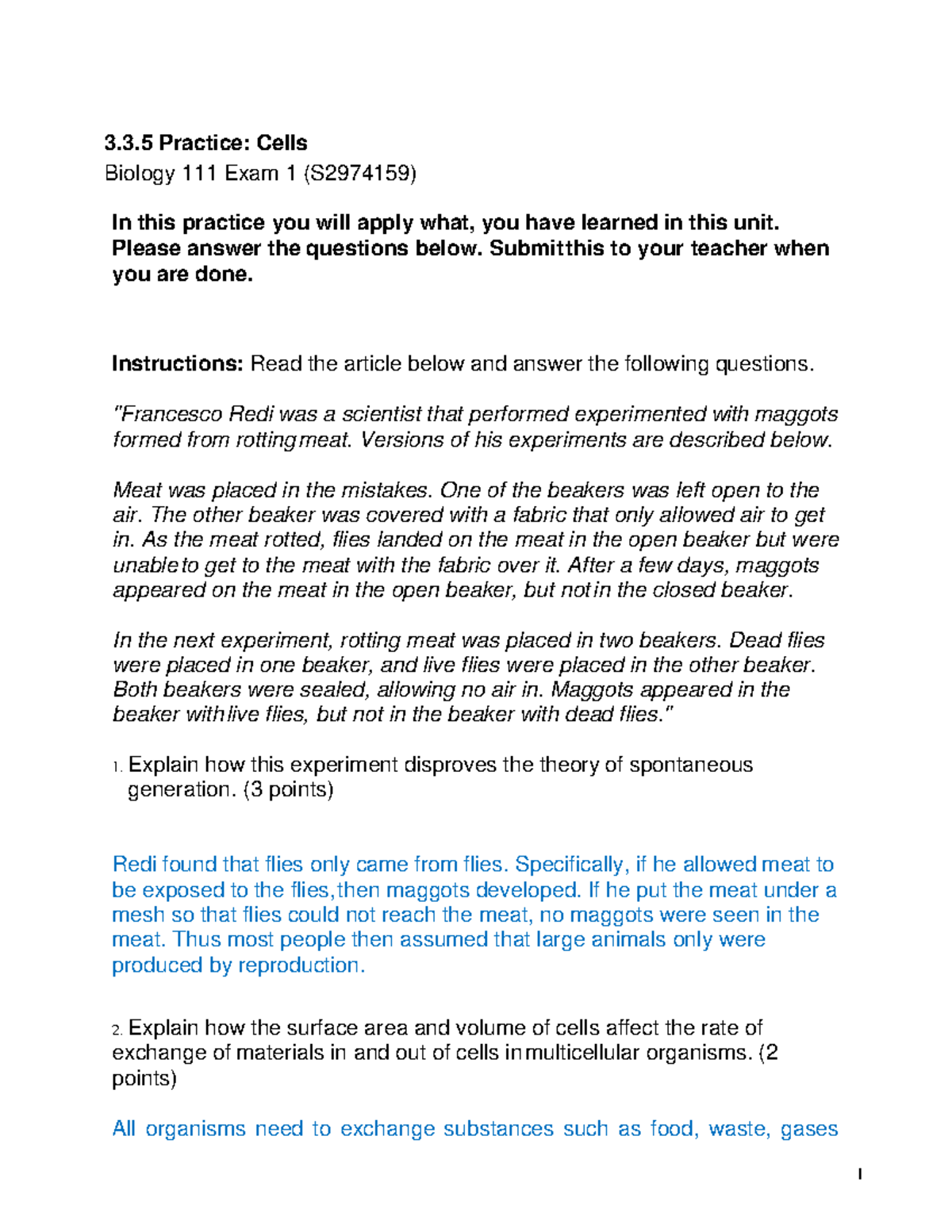 BIOL 111 Practice Cells - 3 Practice: Cells Biology 111 Exam 1 ...