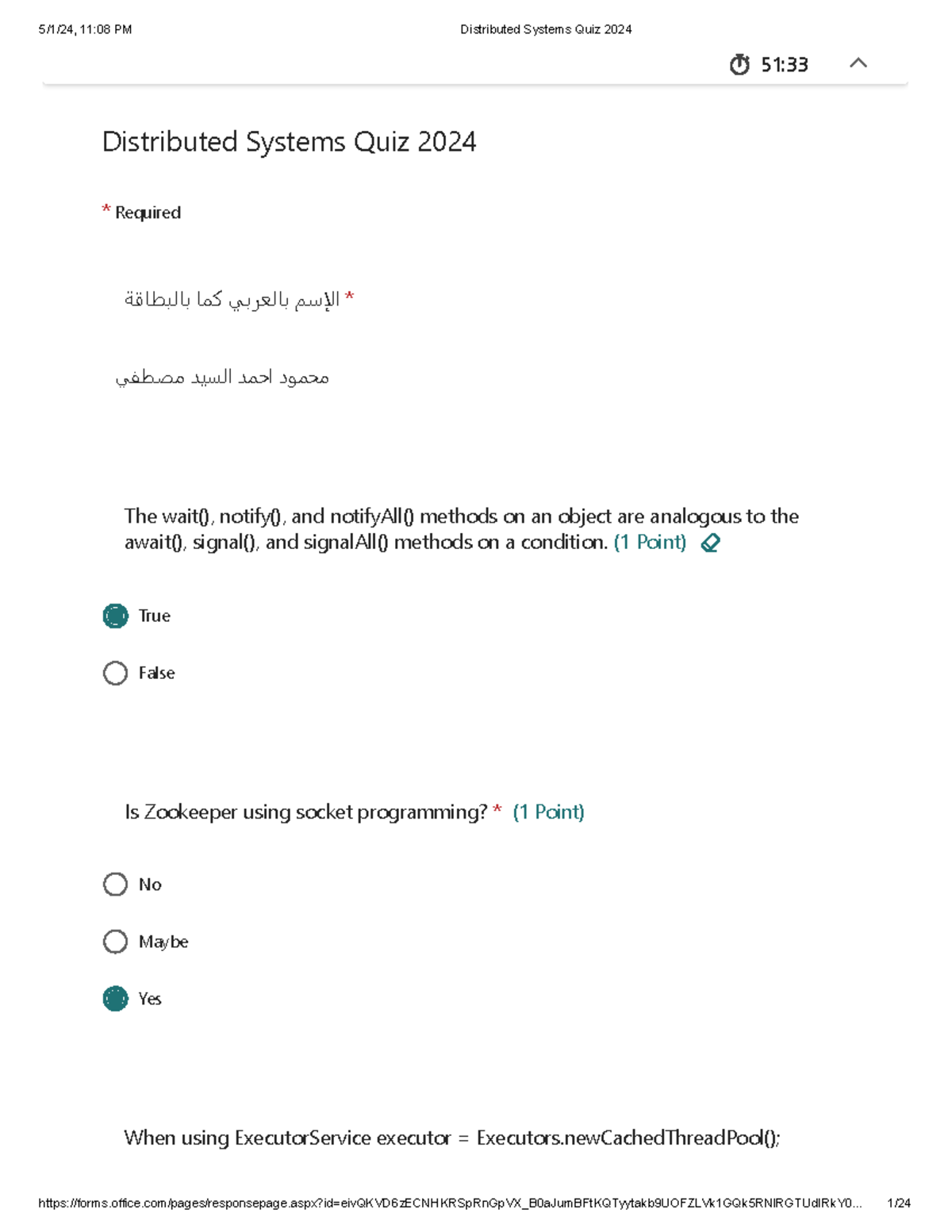 Distributed Systems Quiz 2024 - 51: Distributed Systems Quiz 2024 * Required ةقاطبلاب امك ...