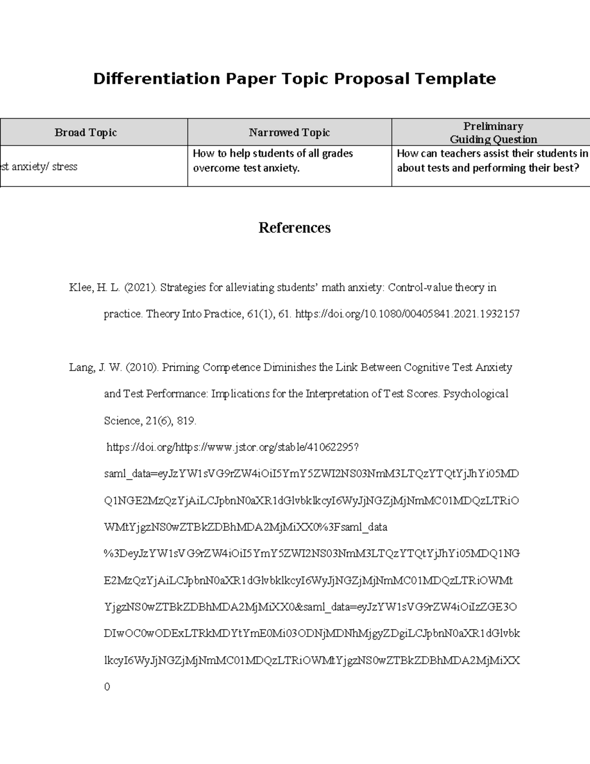 Differentiation Paper Topic Proposal Template - How can teachers assist their students in about ...