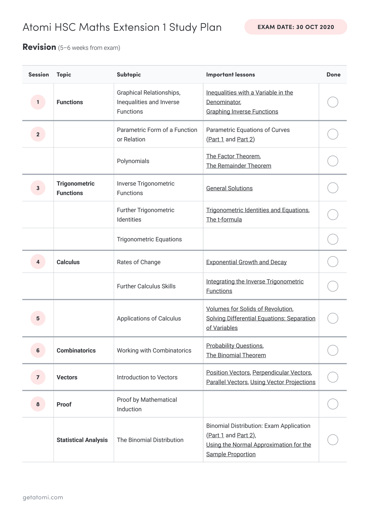 Atomi hsc maths ext1 study plan 2020 - getatomi Revision (5–6 weeks ...