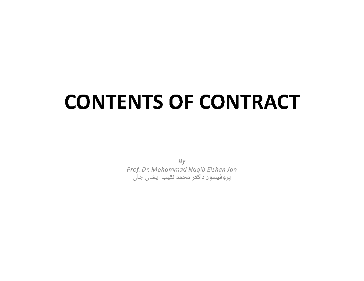 Contents OF Contract - CONTENTS OF CONTRACT By Prof. Dr. Mohammad Naqib ...