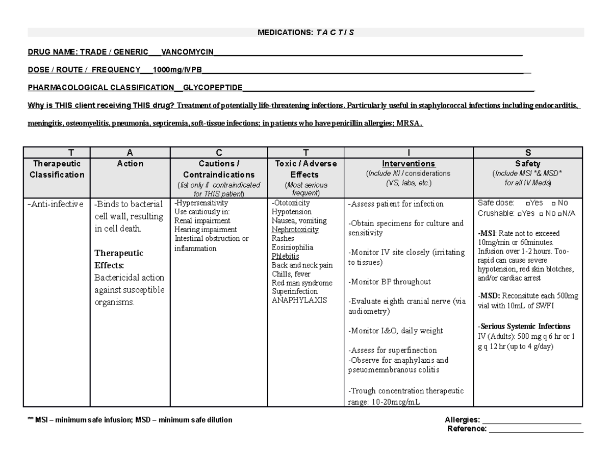 Vancomycin - TACTIS - MEDICATIONS: T A C T I S DRUG NAME: TRADE / - Studocu