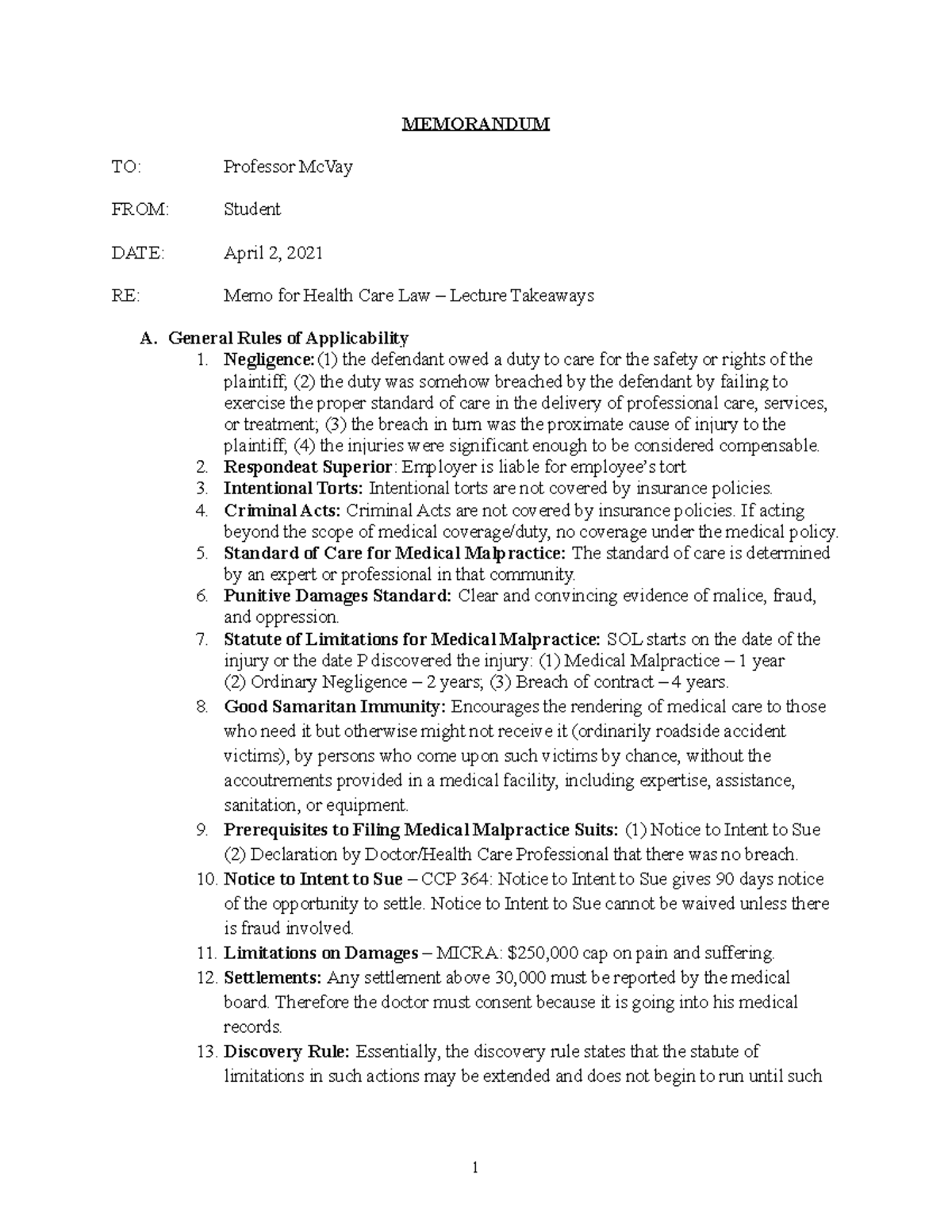 Health Care Law Memo - MEMORANDUM TO: Professor McVay FROM: Student ...