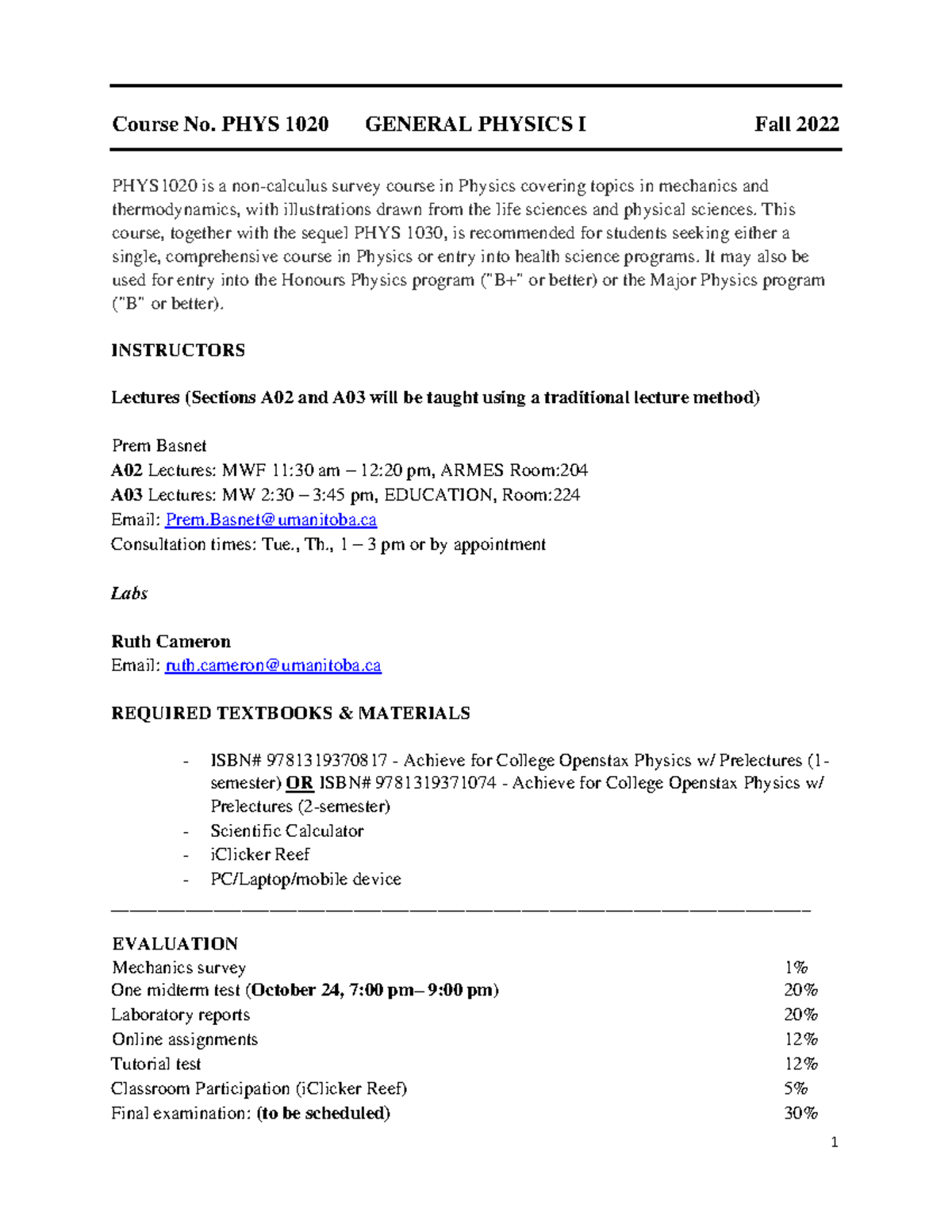 PHYS 1020 → Syllabus - PHYS 1020 - U of M - Studocu