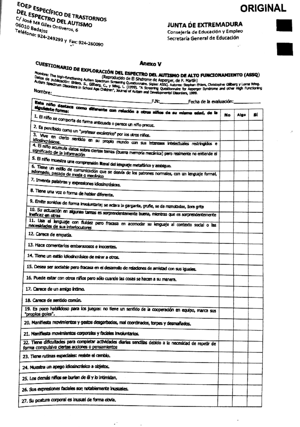 ASSQ - PROTOCOLO ASSQ - EOEP ESPECÍFICO DE TRASTORNOS DEL ESPECTRO DEL ...