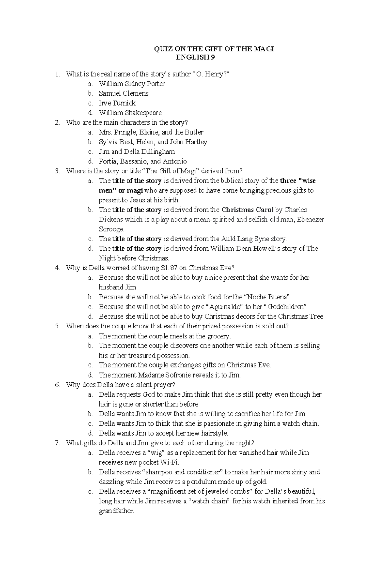 Quiz on The Gift of Magi - Teacher- Made Quiz - QUIZ ON THE GIFT OF THE ...