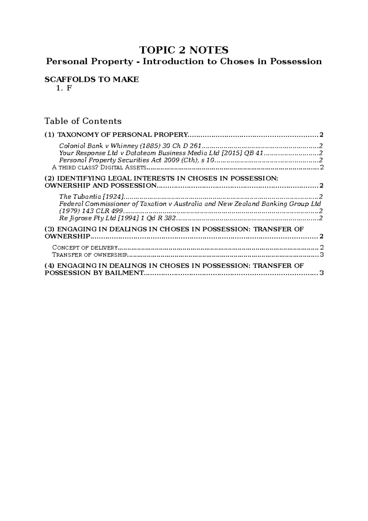 Topic 2 notes - TOPIC 2 NOTES Personal Property - Introduction to ...