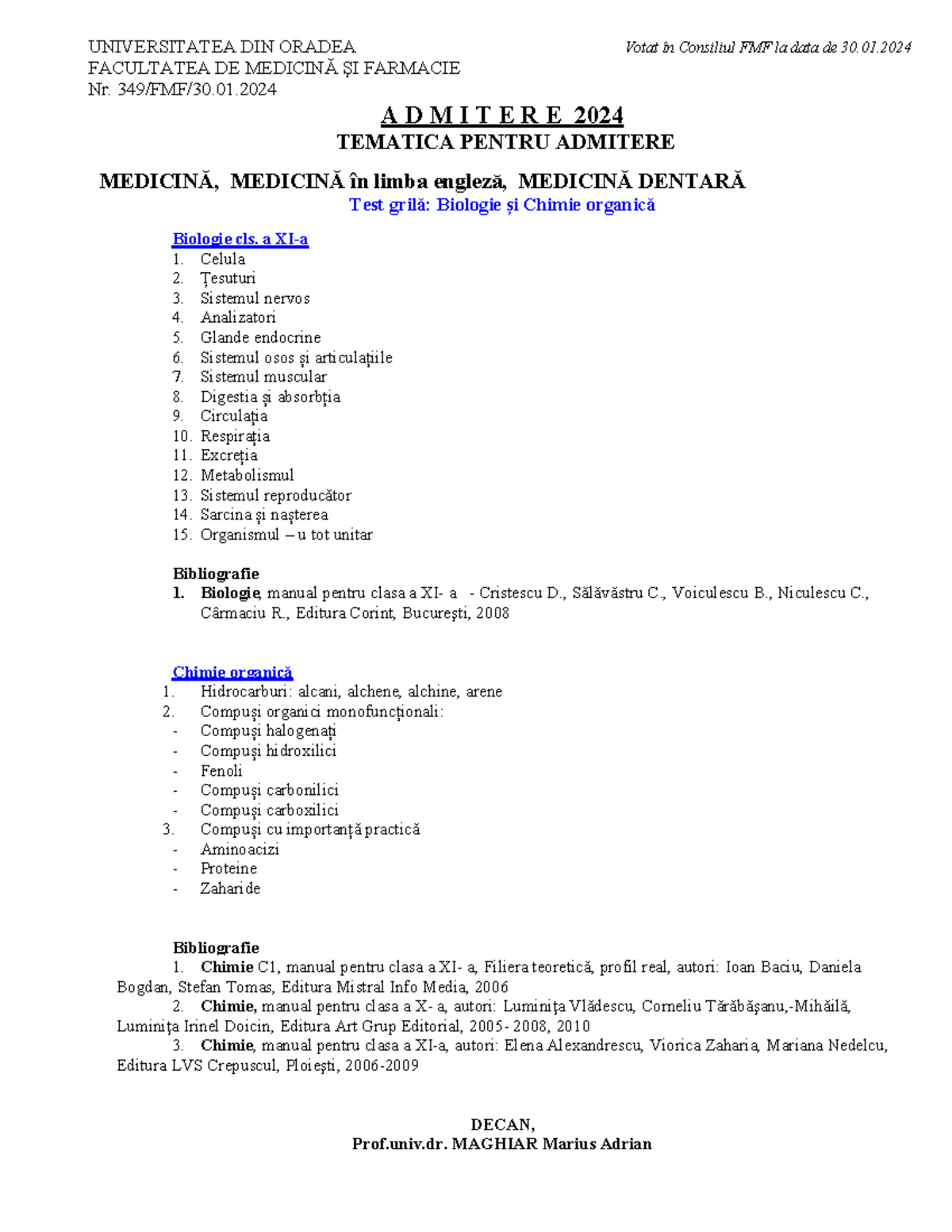 Tematica Medicina Medicina engleza Medicina dentara 2024 - UNIVERSITATEA DIN ORADEA Votat în ...
