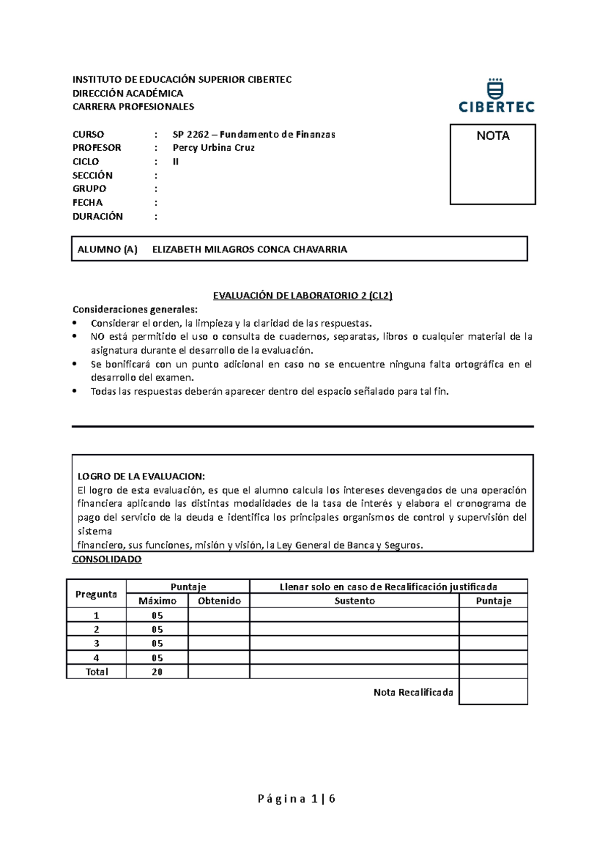 1 SP 2262 Fundamentos DE Finanzas G2HN 00 CL2 LA Urbina CRUZ Percy 1 ...