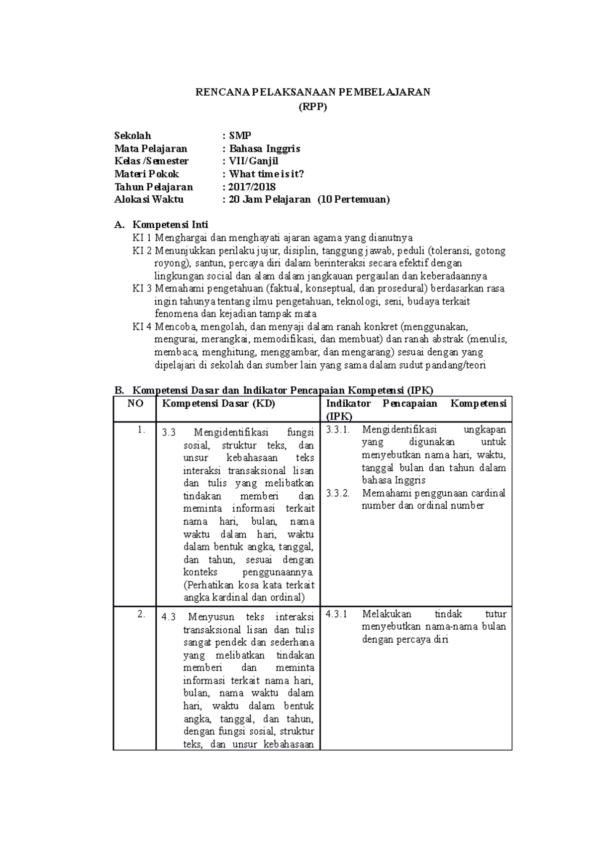 Bahasa Inggris kelas 7 RPP 3 - RENCANA PELAKSANAAN PEMBELAJARAN (RPP ...