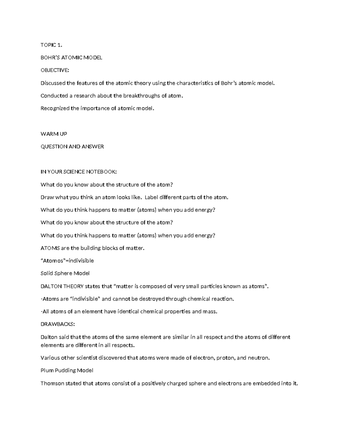 Chem - chem reviewer - TOPIC 1. BOHR’S ATOMIC MODEL OBJECTIVE ...