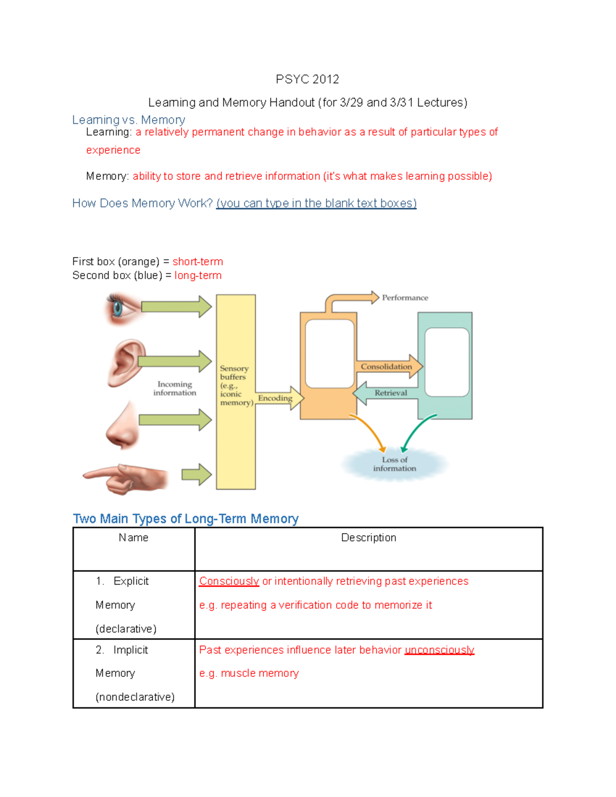 Learning and Memory Handout - Memory Learning: a relatively permanent ...
