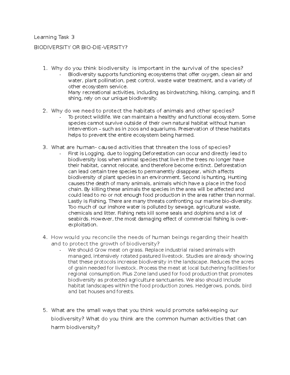 Learning Task 3 summaries - Learning Task 3 BIODIVERSITY OR BIO-DIE ...
