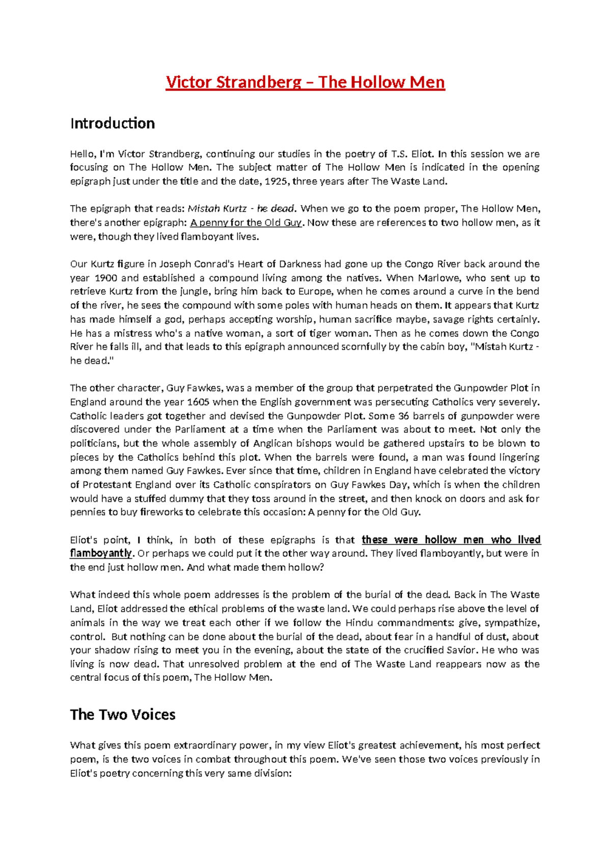 Victor Strandberg - HM Analysis - hollow men by Billy Eliot - the 2 ...