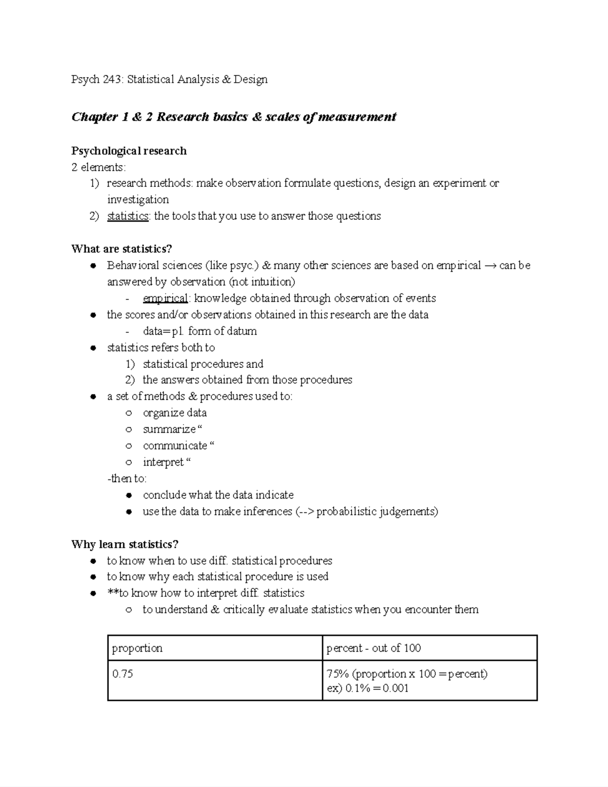 PSYC 243 Chapter 1+2 - Psych 243: Statistical Analysis & Design Chapter ...