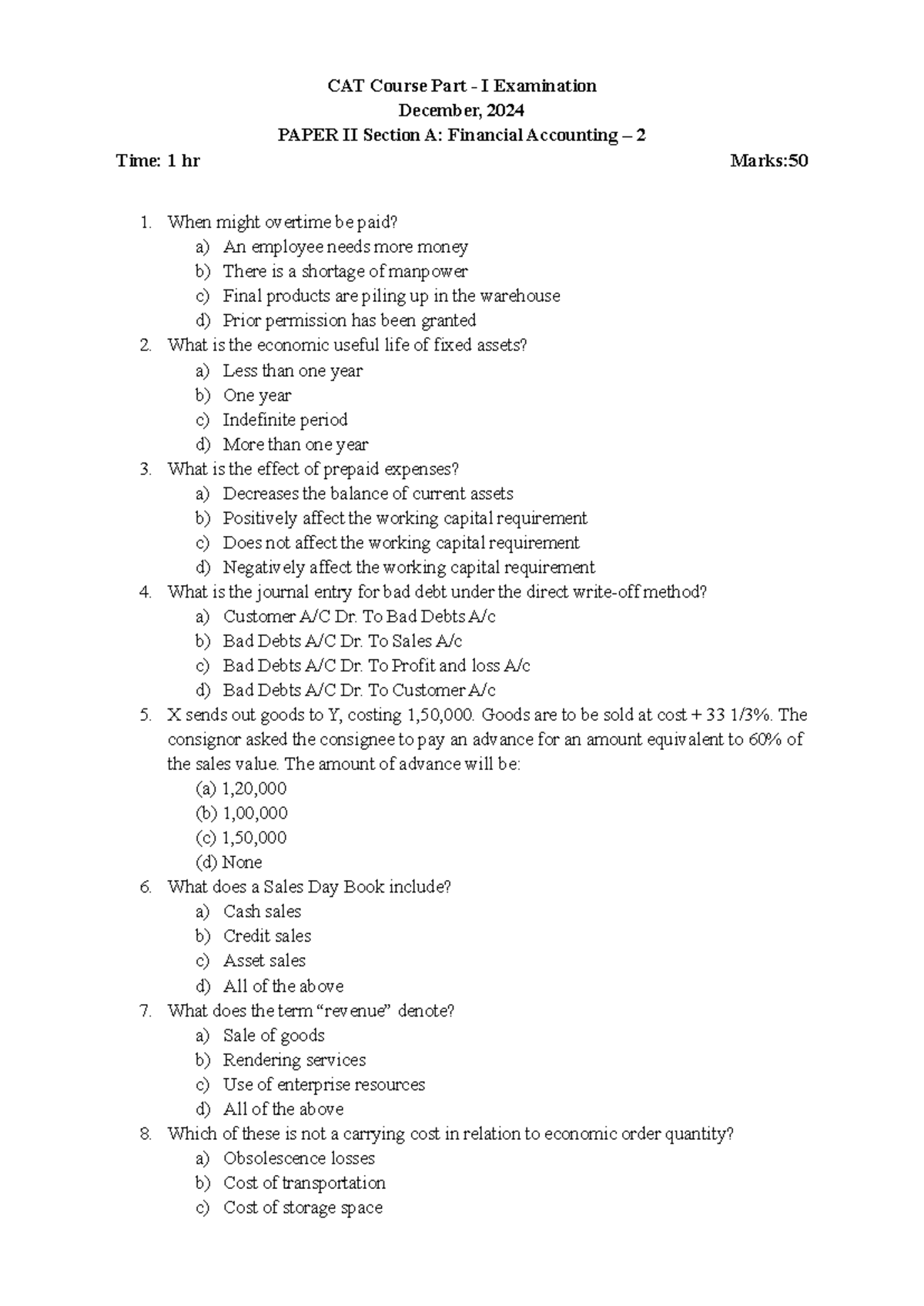 FA2 model exam - ca answer key - CAT Course Part - I Examination ...