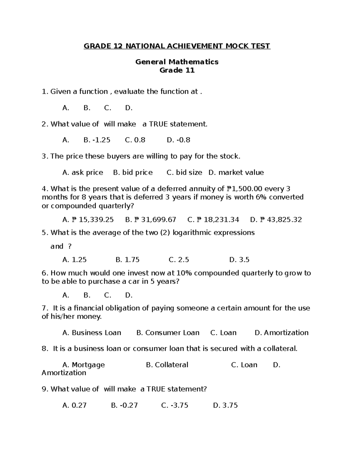 NAT General Mathematics And Stattistics and probability - GRADE 12 ...