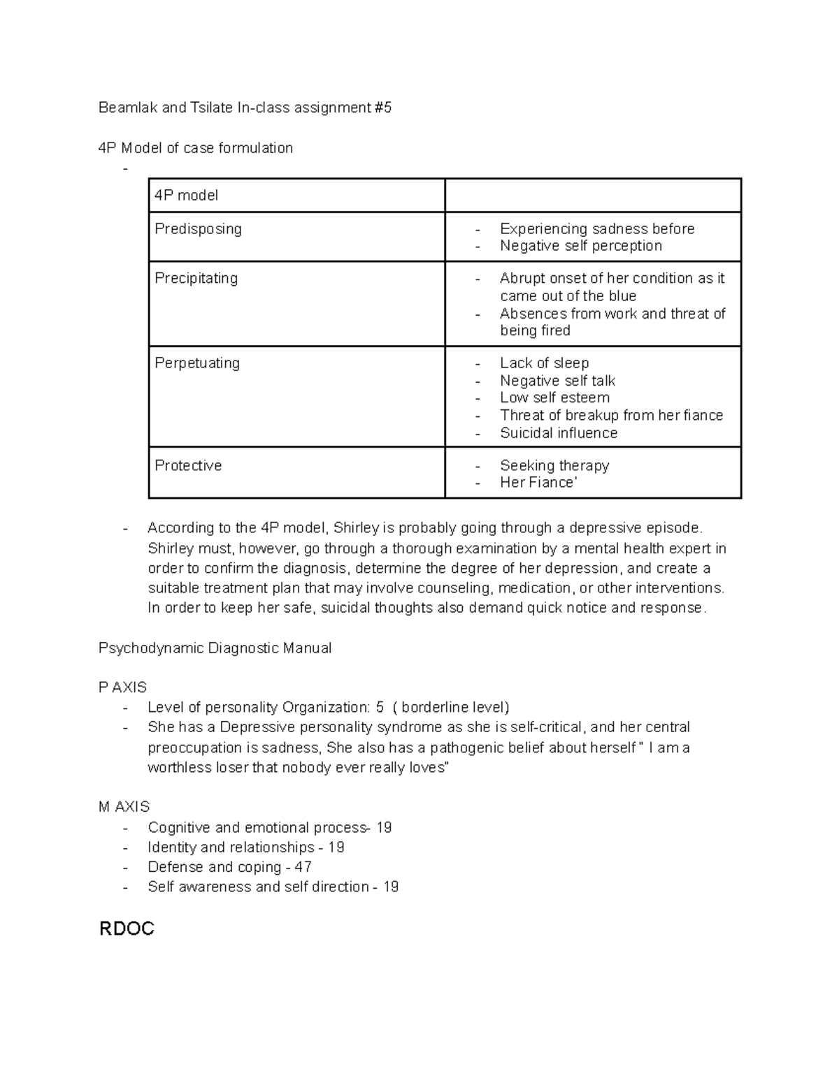 Shirley - ... - Beamlak and Tsilate In-class assignment # 4P Model of ...