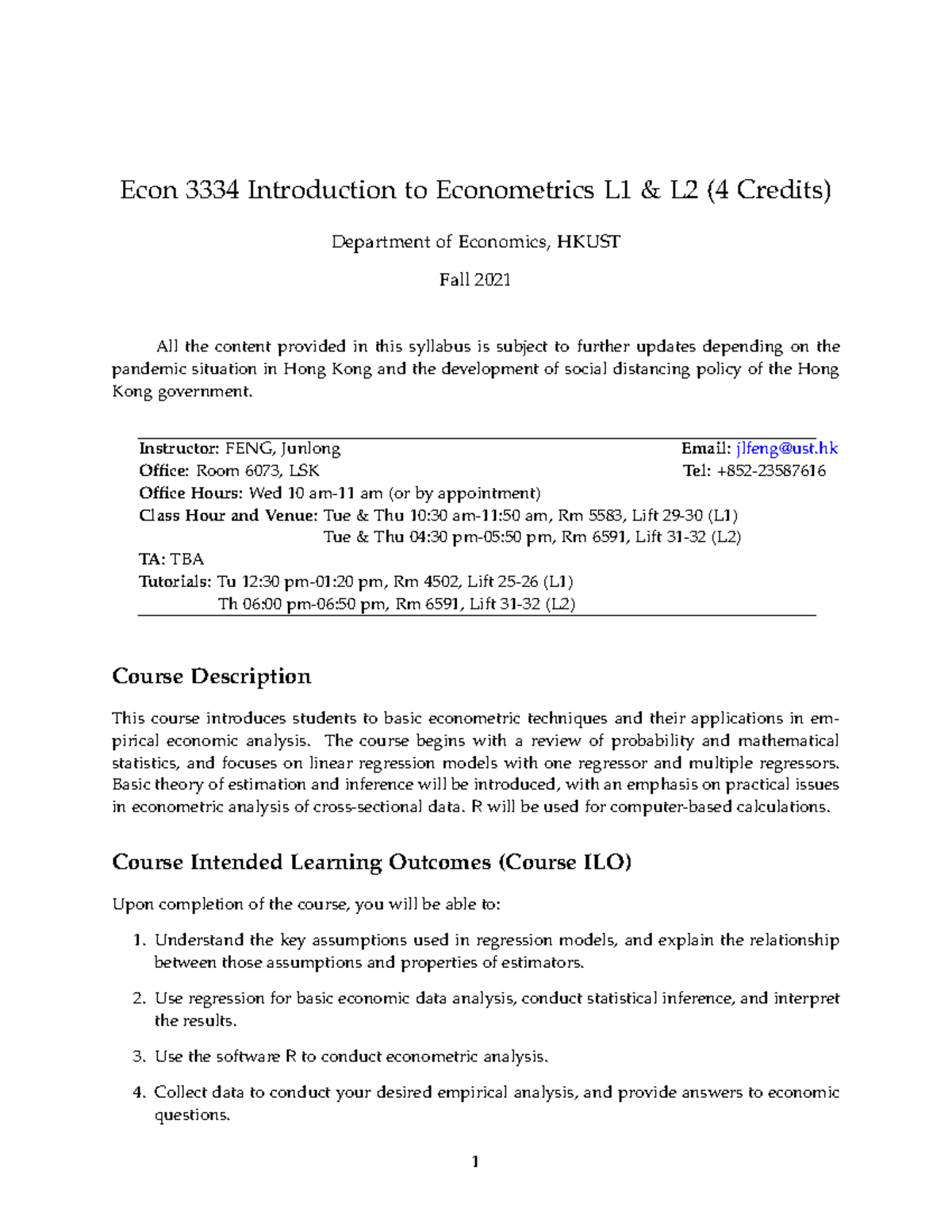 ECON3334 - Syllabus - Econ 3334 Introduction to Econometrics L1 & L2 (4 Credits) Department of ...