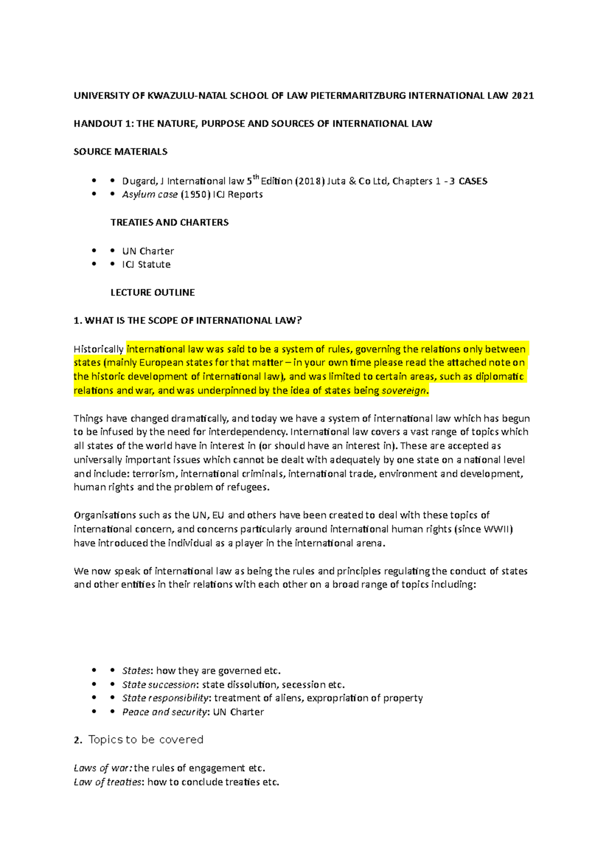 International LAw - handout 1 - UNIVERSITY OF KWAZULU-NATAL SCHOOL OF ...
