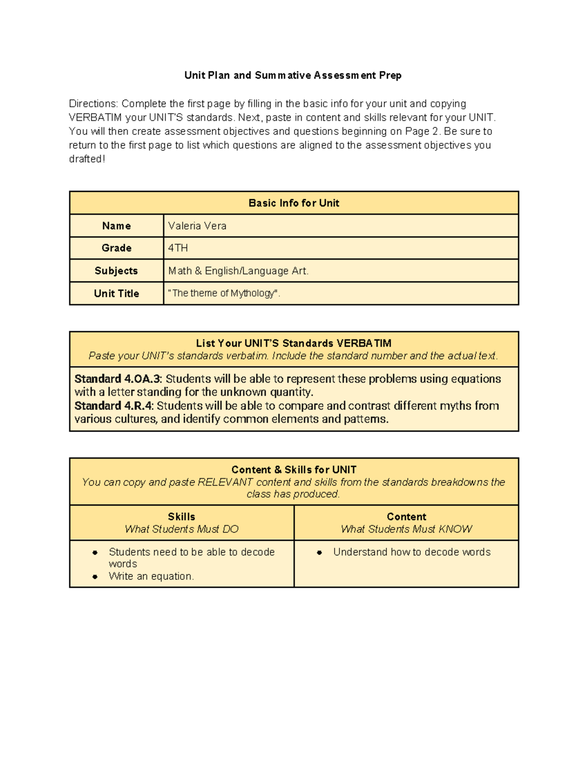 Copy of Unit Plan and Summative Assessment Prep - Unit Plan and ...