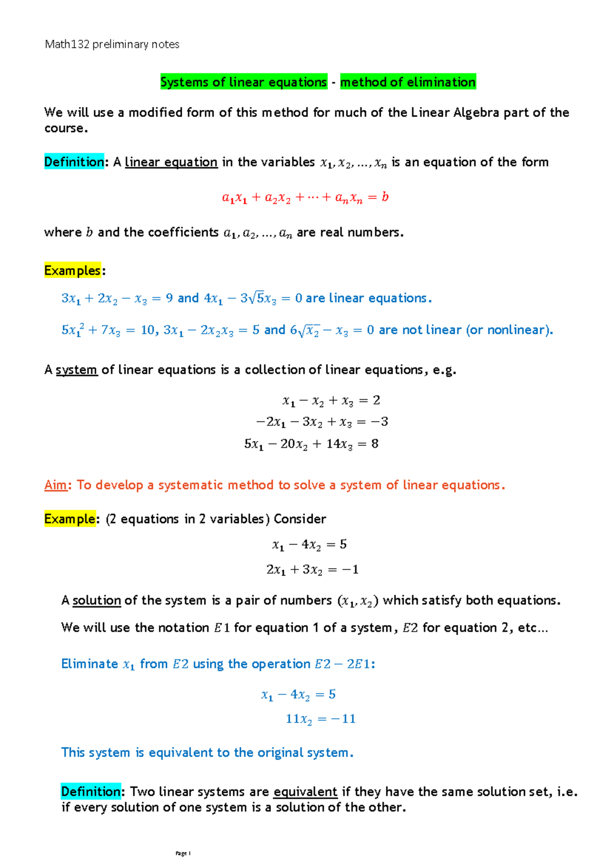Prelim notes - Systems of linear equations - method of elimination ...