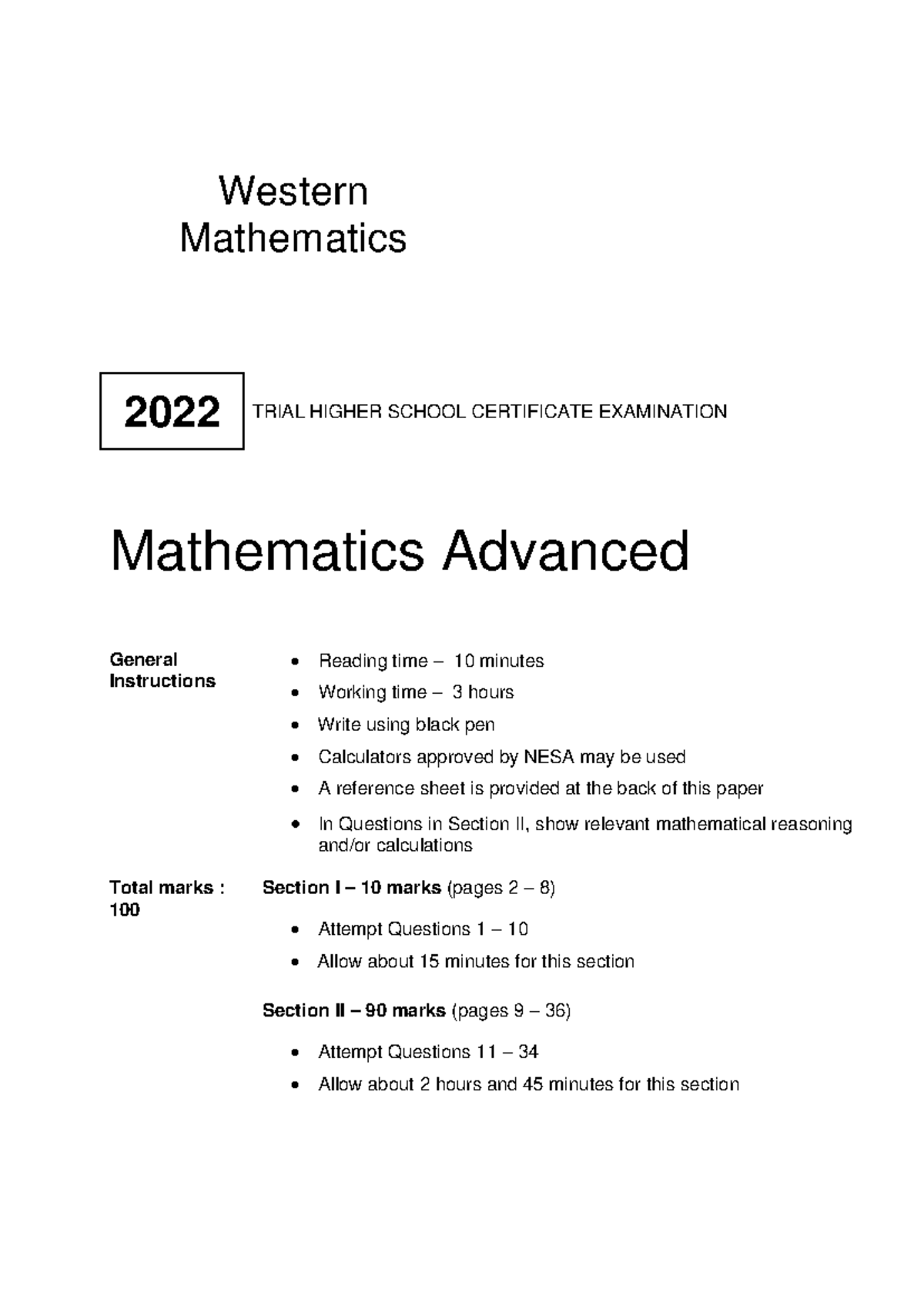 WME HSC 2022 Mathematics Advanced Exam - Western Mathematics 2022 TRIAL ...